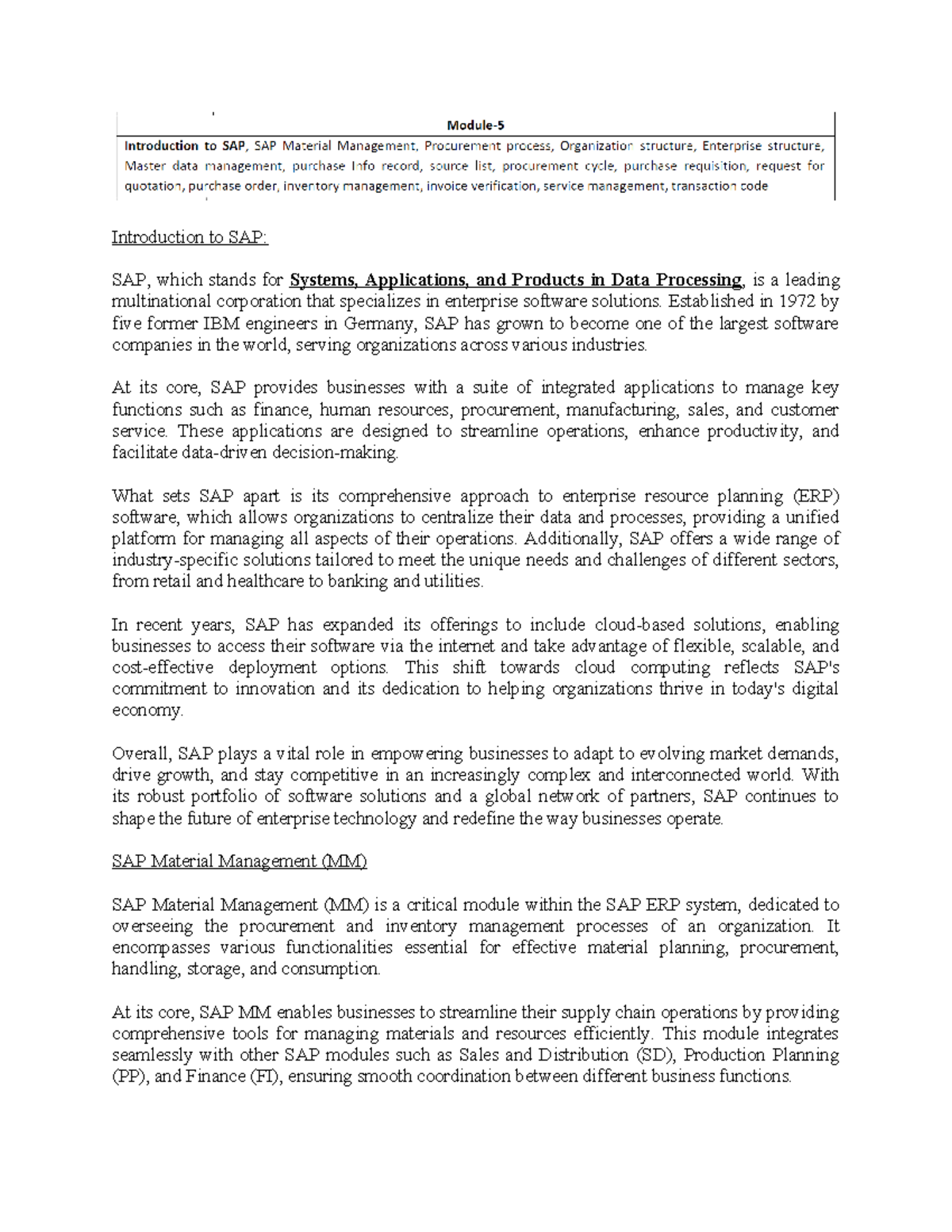 Dr,UKS Scmisap Module 5 Notes - Introduction to SAP: SAP, which stands ...