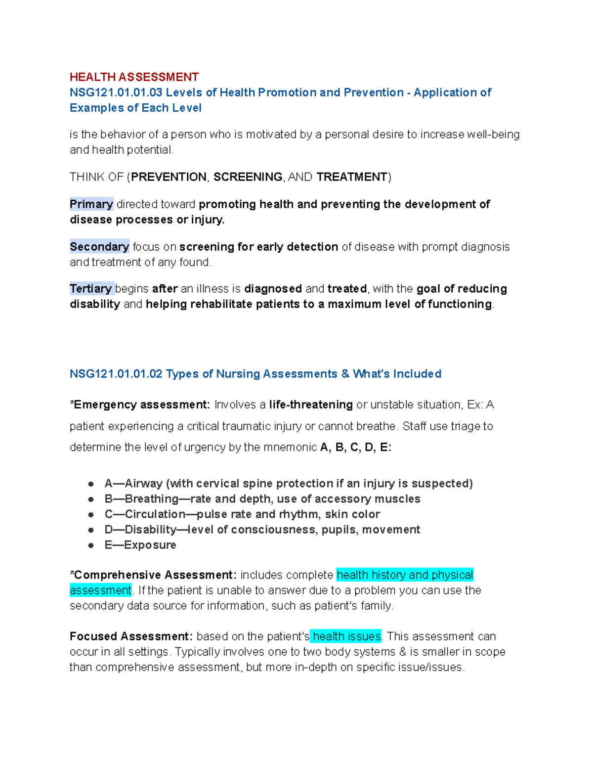 Milestone*** - Note - HEALTH ASSESSMENT NSG121.01.01 Levels of Health ...