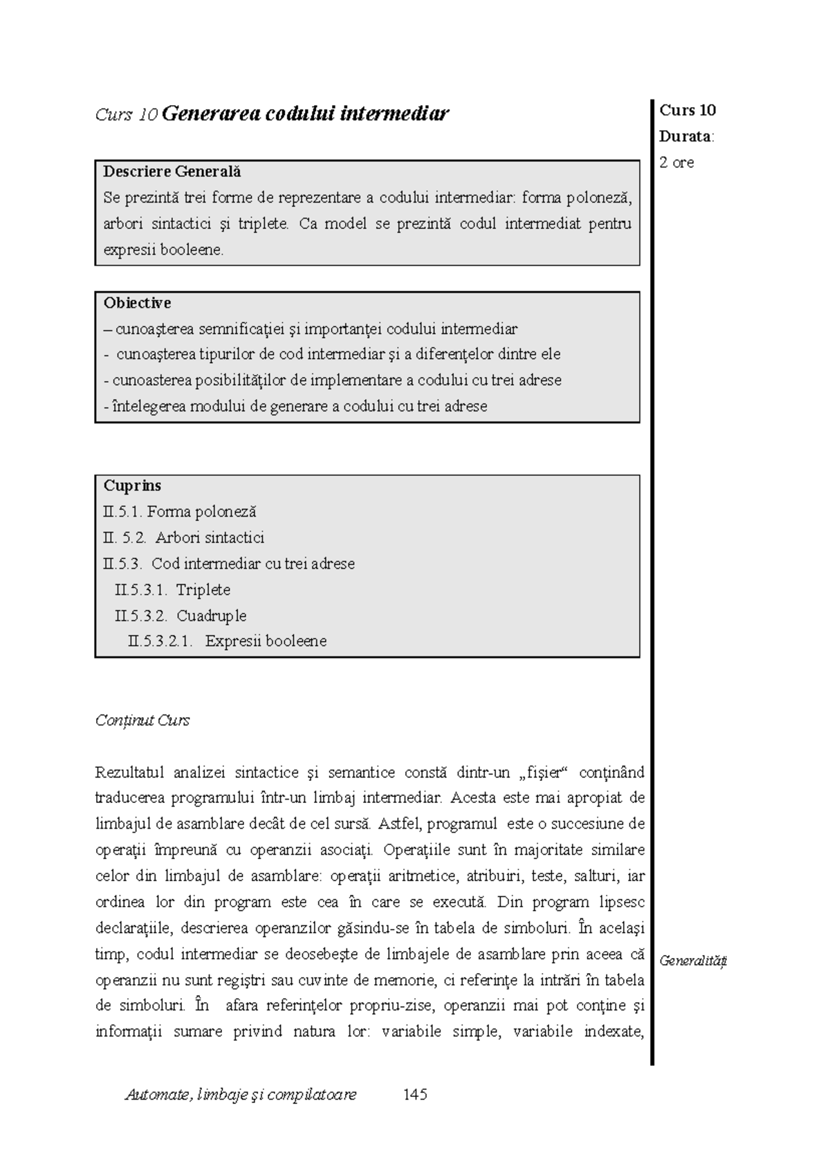 Curs LFAC-10 - desc - Curs 10 Generarea codului intermediar Descriere ...