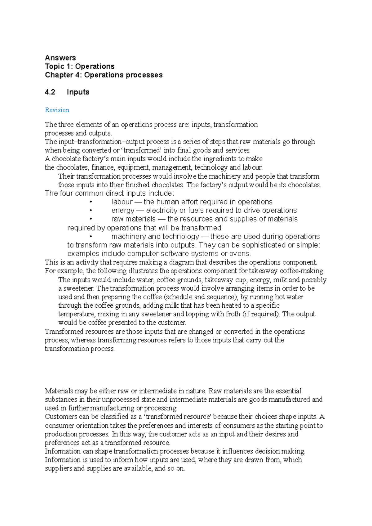 Chapter 4 (Answers) - Operations Processes - Answers Topic 1: Operations Chapter 4: Operations ...