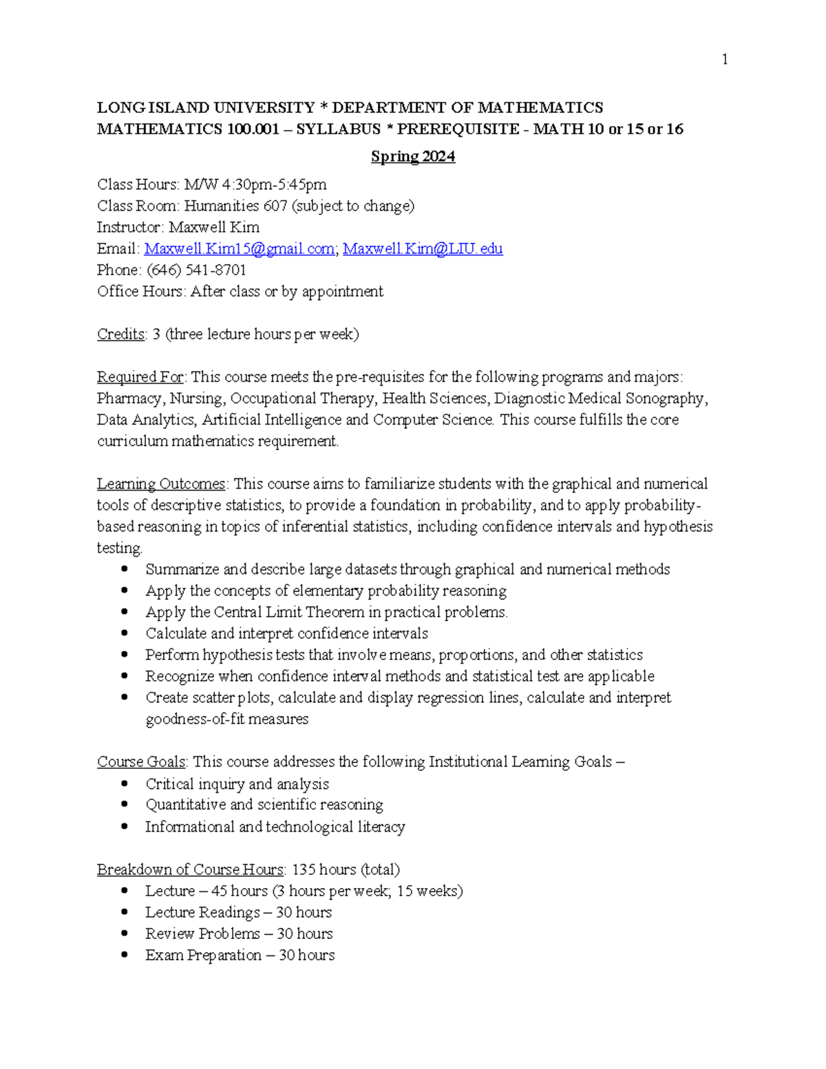 MTH100-001 Syllabus ( Spring 2023) - LONG ISLAND UNIVERSITY ...