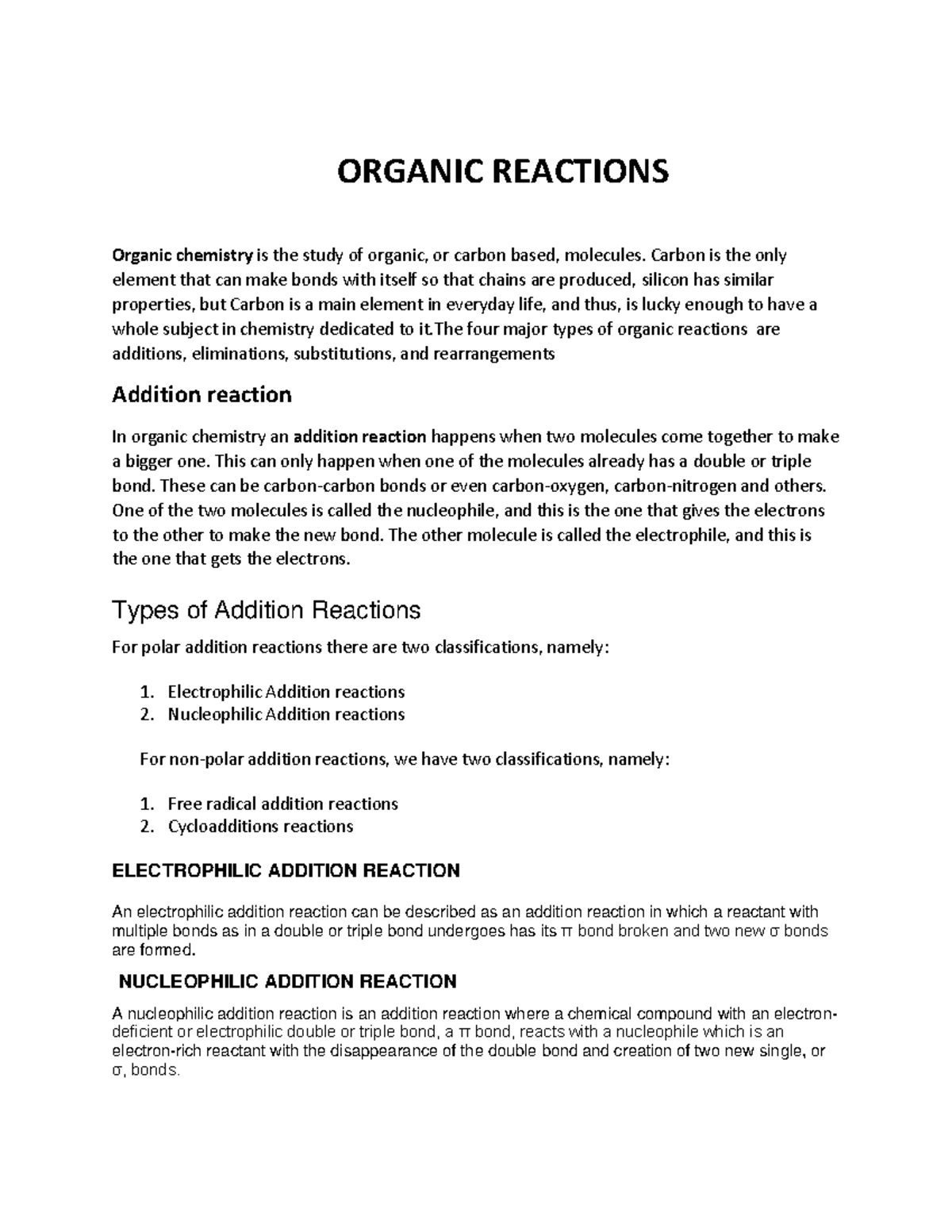 organic reaction - ORGANIC REACTIONS Organic chemistry is the study of ...
