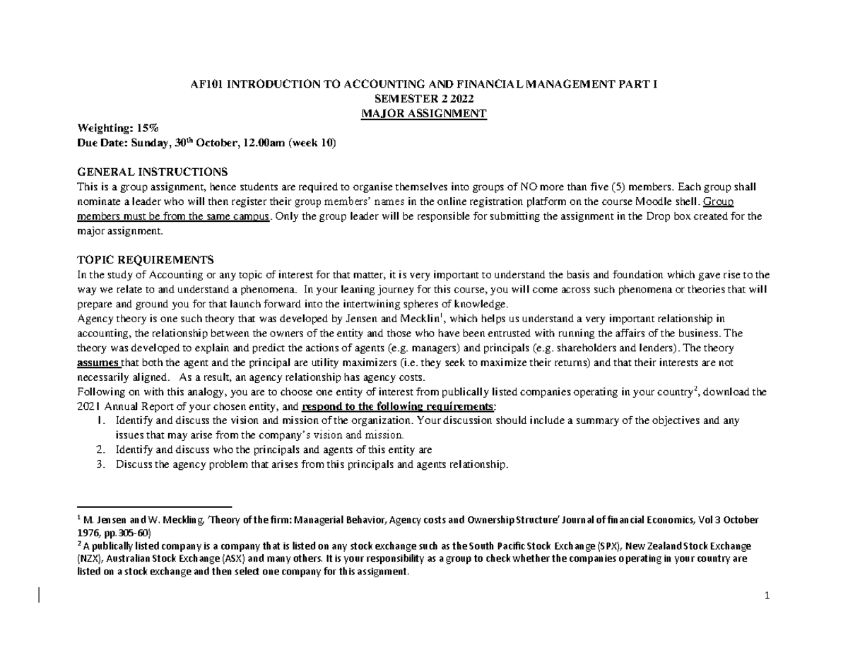 AF101 Major Assignment S2 2022 - AF101 INTRODUCTION TO ACCOUNTING AND ...