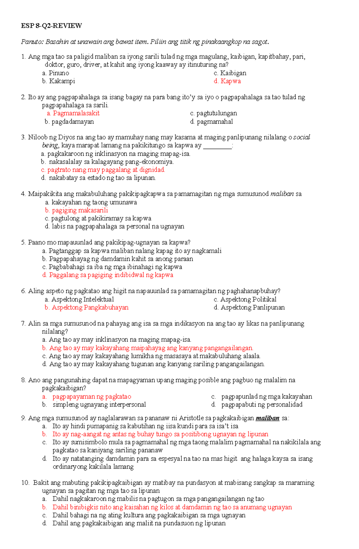 ESP 8-Q2- Review SY2023-2024 - ESP 8-Q2-REVIEW Panuto: Basahin at ...