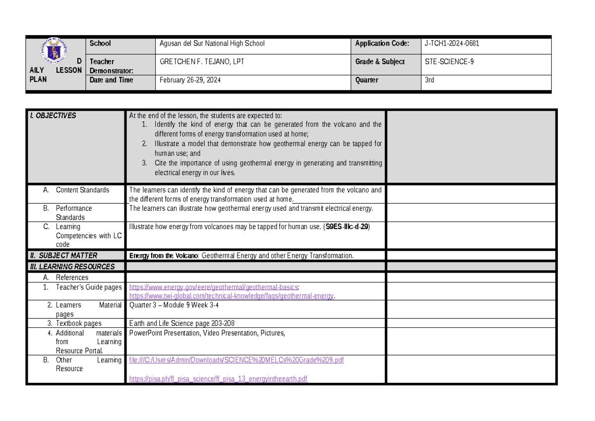 JHS Science 9 LP FOR DEMO Q3 W3 - D AILY LESSON PLAN School Agusan del ...