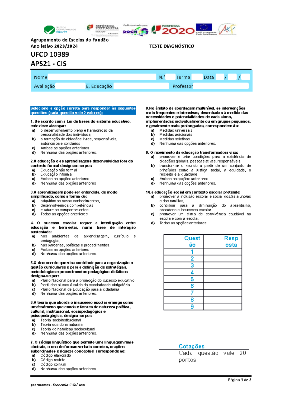Teste diagnóstico - Agrupamento de Escolas do Fundão Ano letivo 2023/ ...