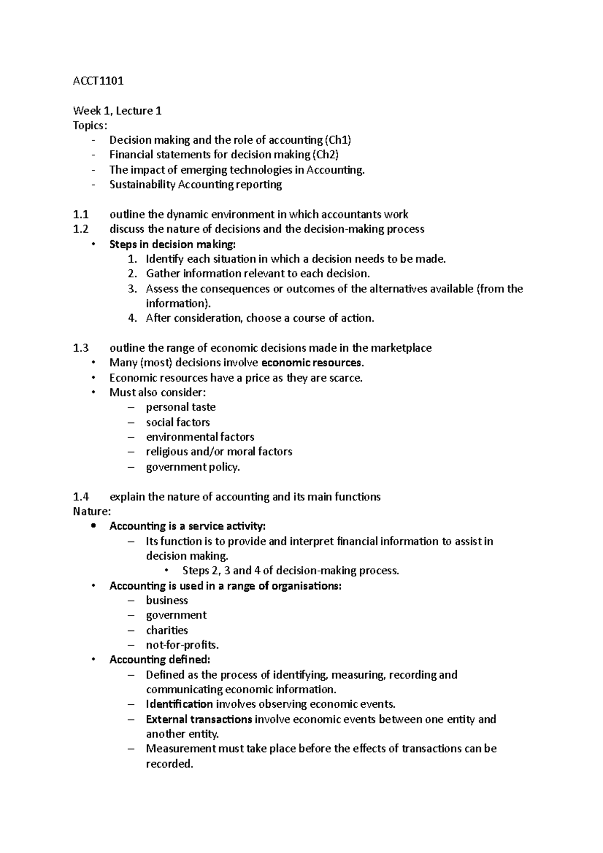 Acct1101 Lecture 1 Notes Acct Week 1 Lecture 1 Topics Decision Making And The Role Of
