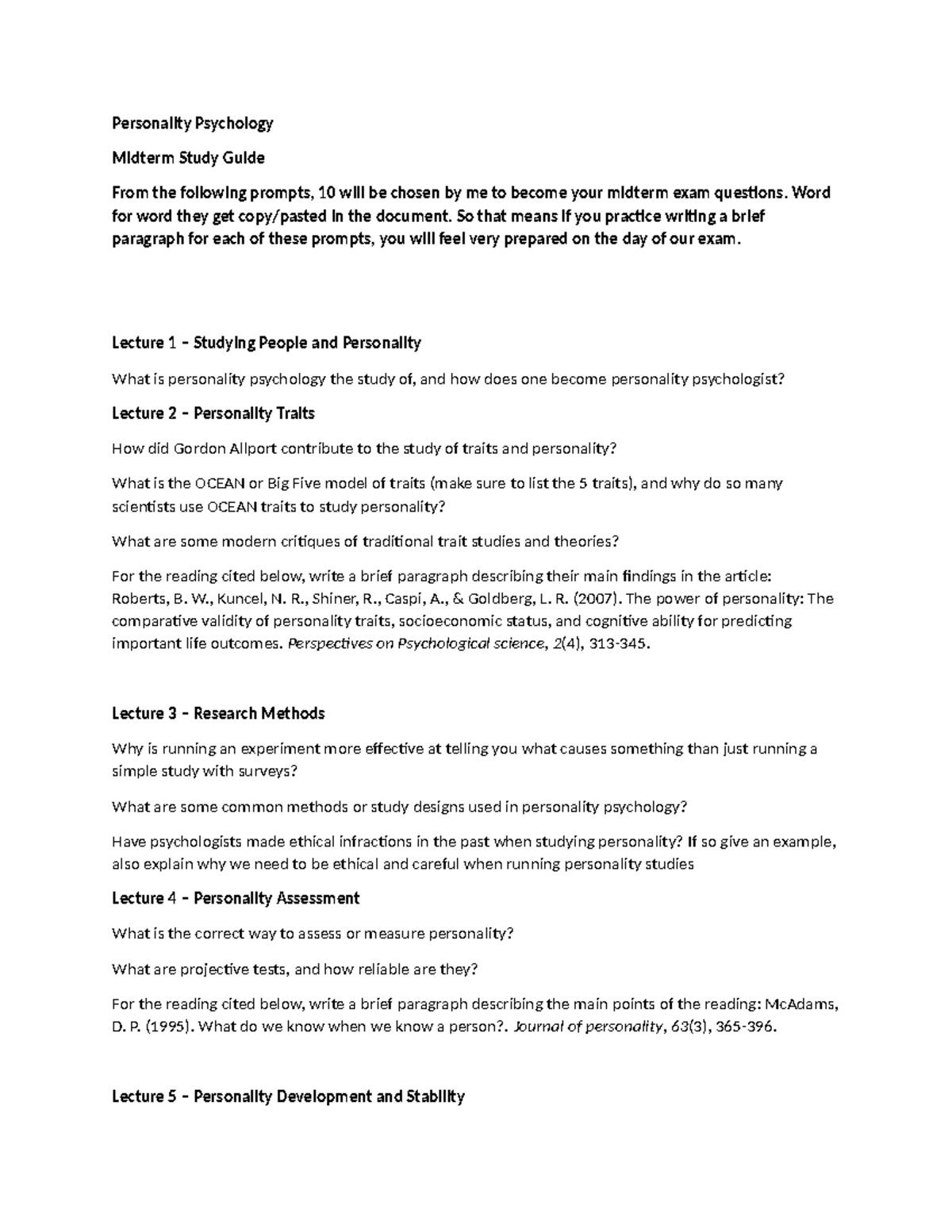 Midterm Study Guide Personality Psych - Personality Psychology Midterm ...