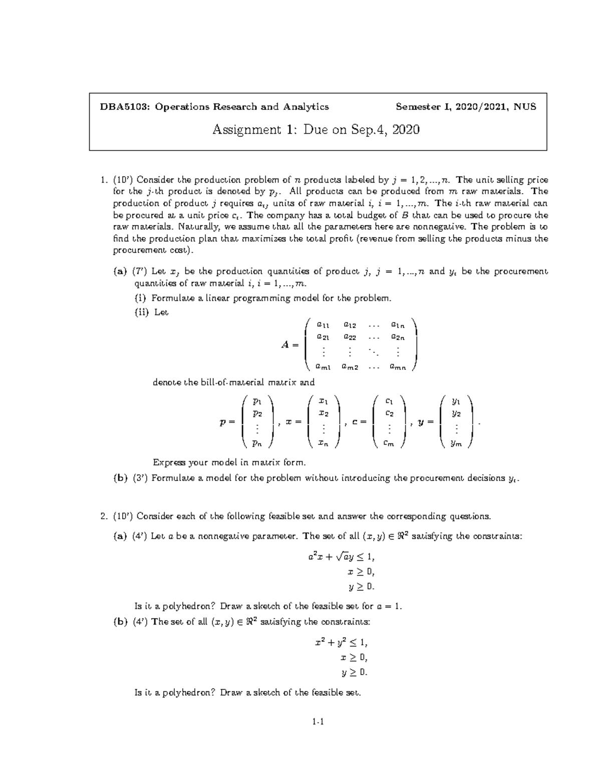 Assignment 1 - lecture - DBA5103: Operations Research and Analytics ...
