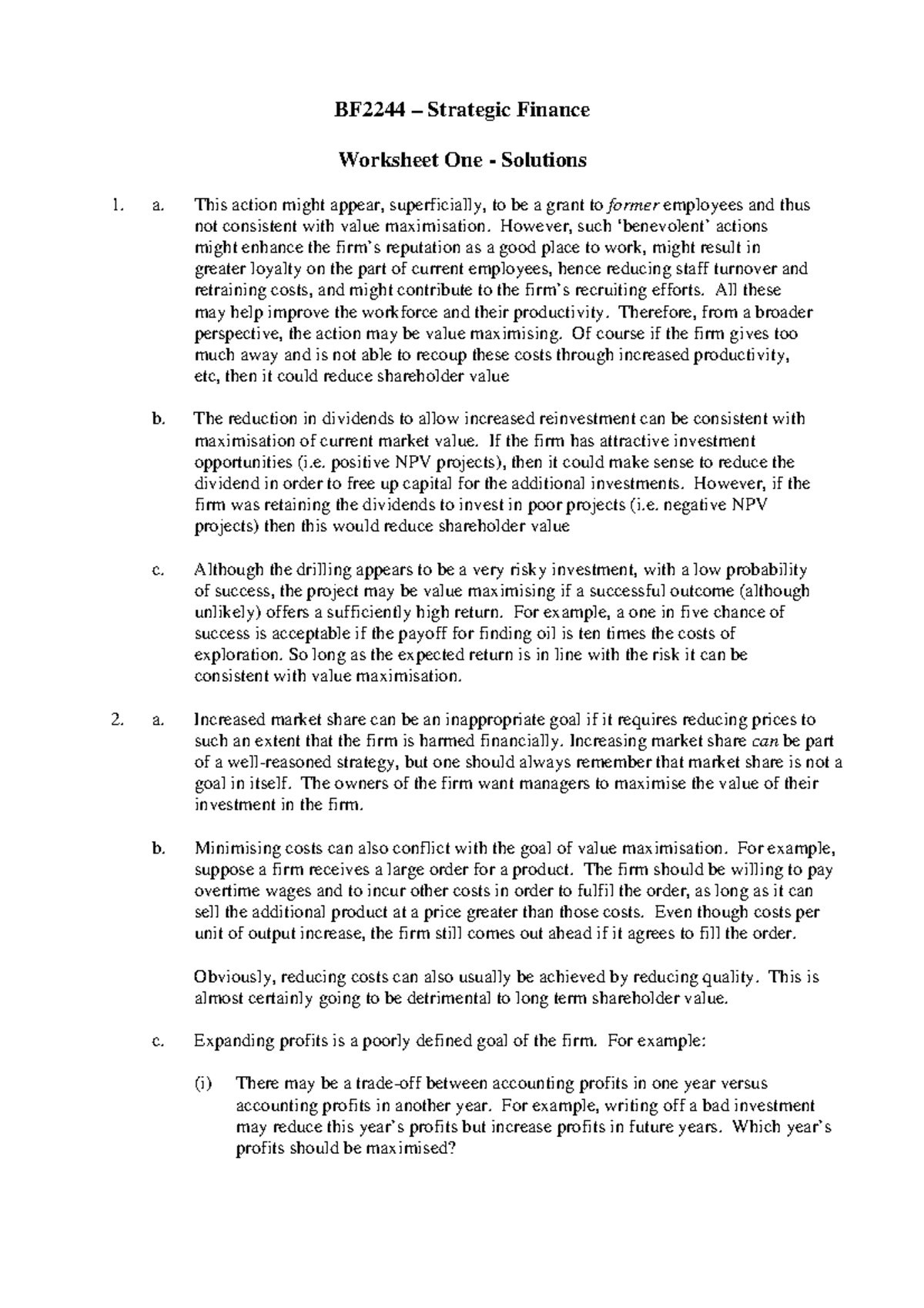 SF Worksheet One Answers - BF2244 – Strategic Finance Worksheet One ...