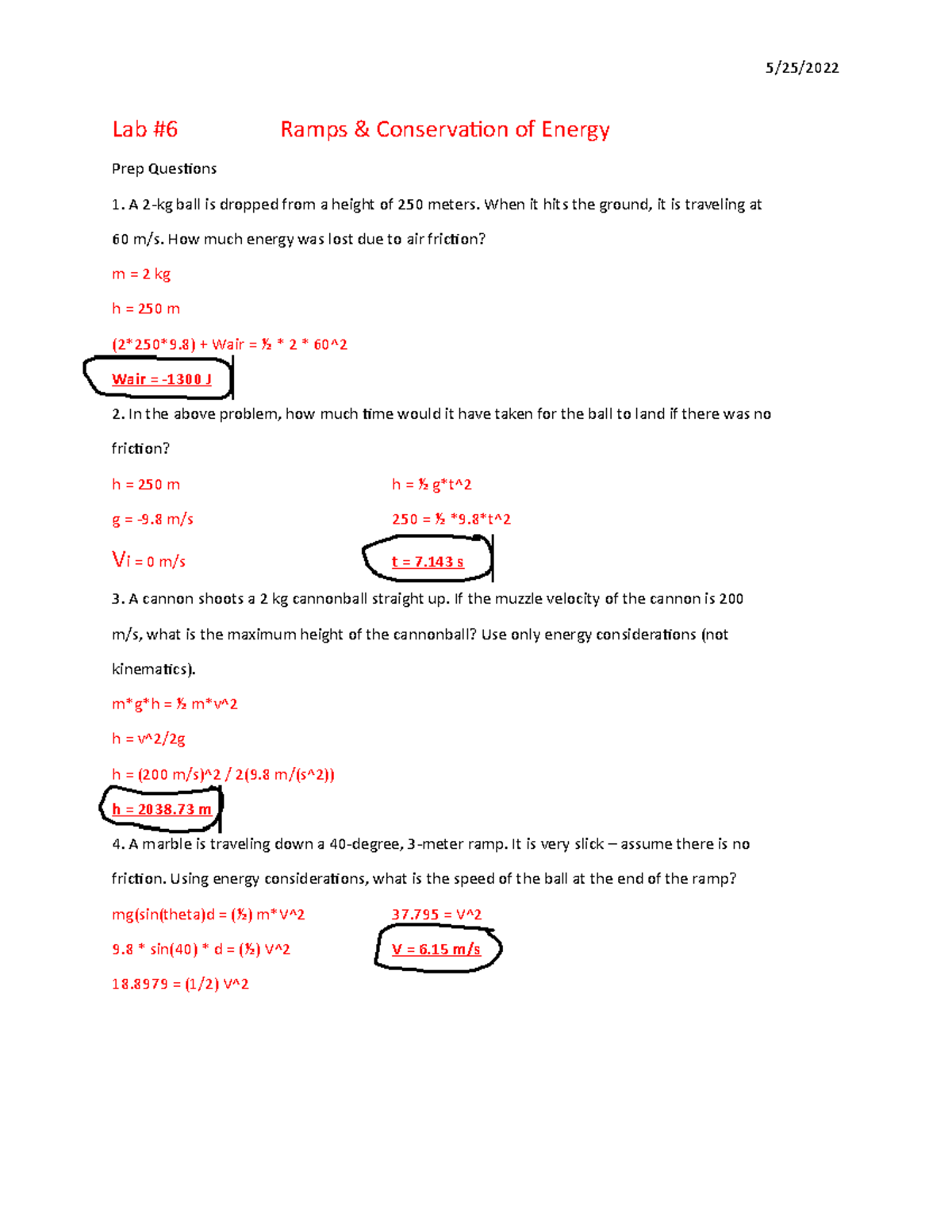Lab 6 - Lab 1 - 5/25/ Lab #6 Ramps & Conservation of Energy Prep ...