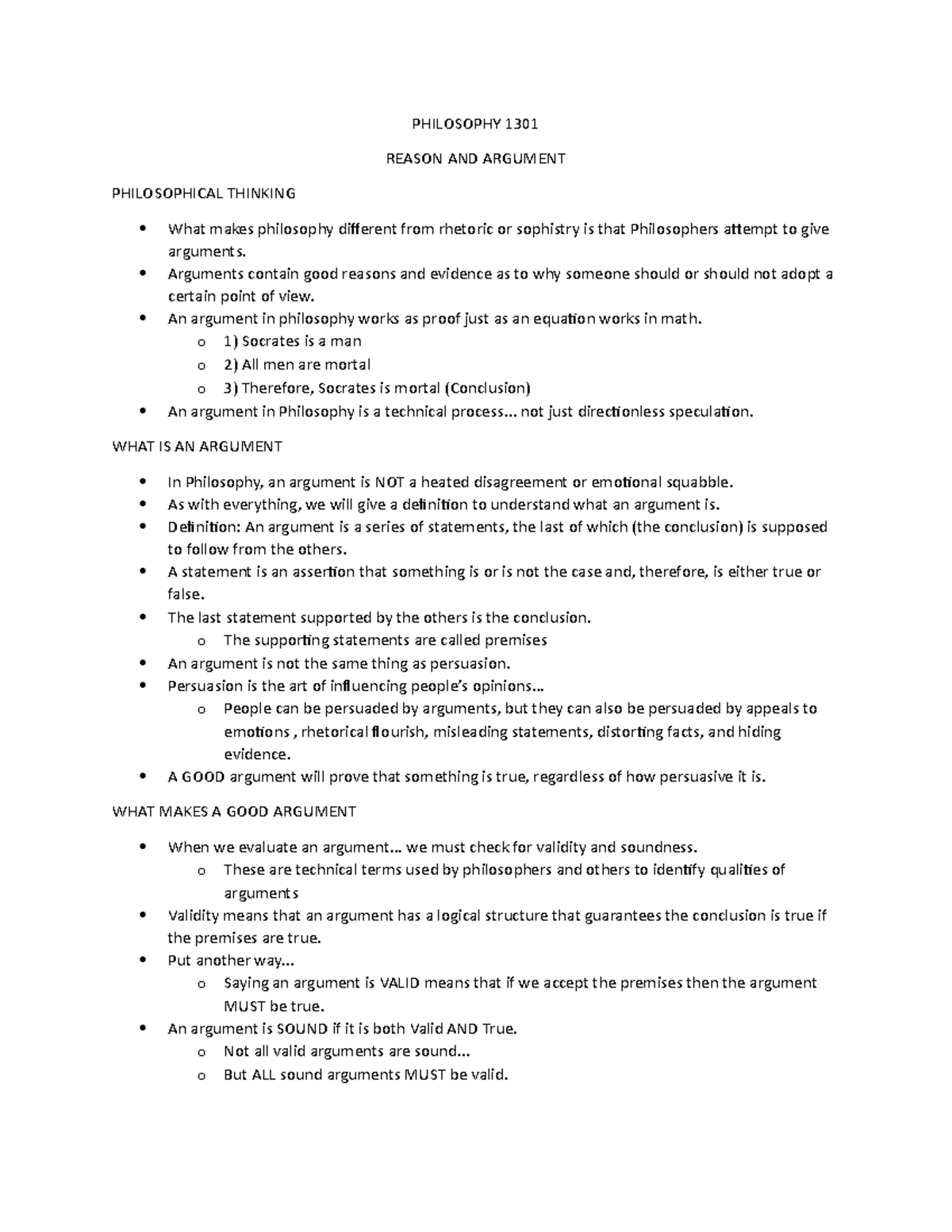 Reasoning AND Argument Philosophy 1301 - PHILOSOPHY 1301 REASON AND ...