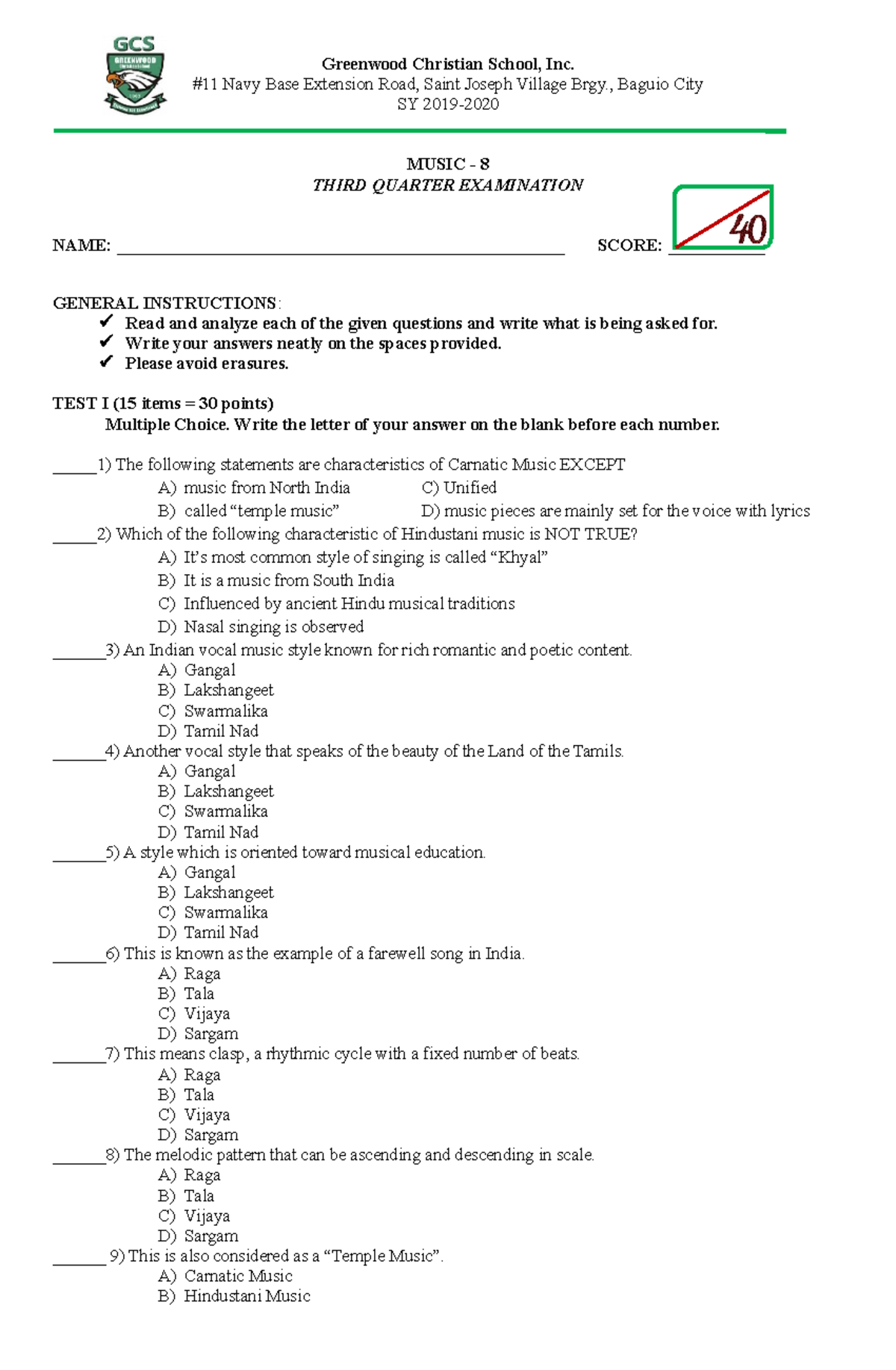 Mapeh-8-3rd - A prepared exam for grade - 8 , third quarter ...