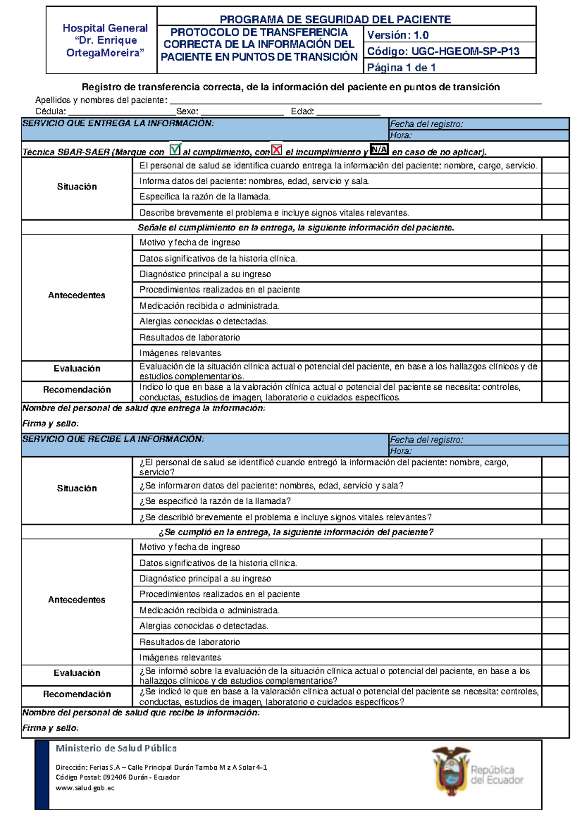 11 Formato para la transferencia correcta del paciente en puntos de ...