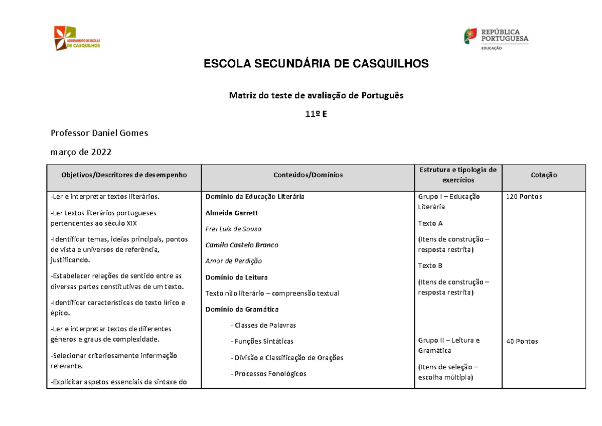 Teste 2 Matriz 11ºE - trabalho elaborado em sala de aula. rescrito e ...