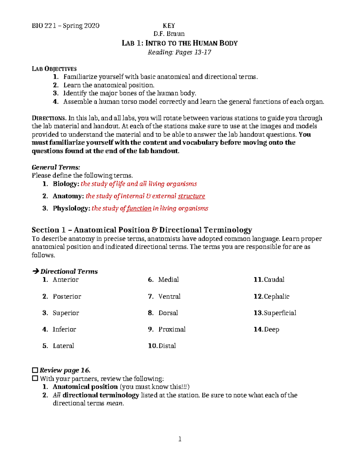 BIO 221 lab 1 - intro to the human body (Spring 2020)(KEY) - Tagged - D ...