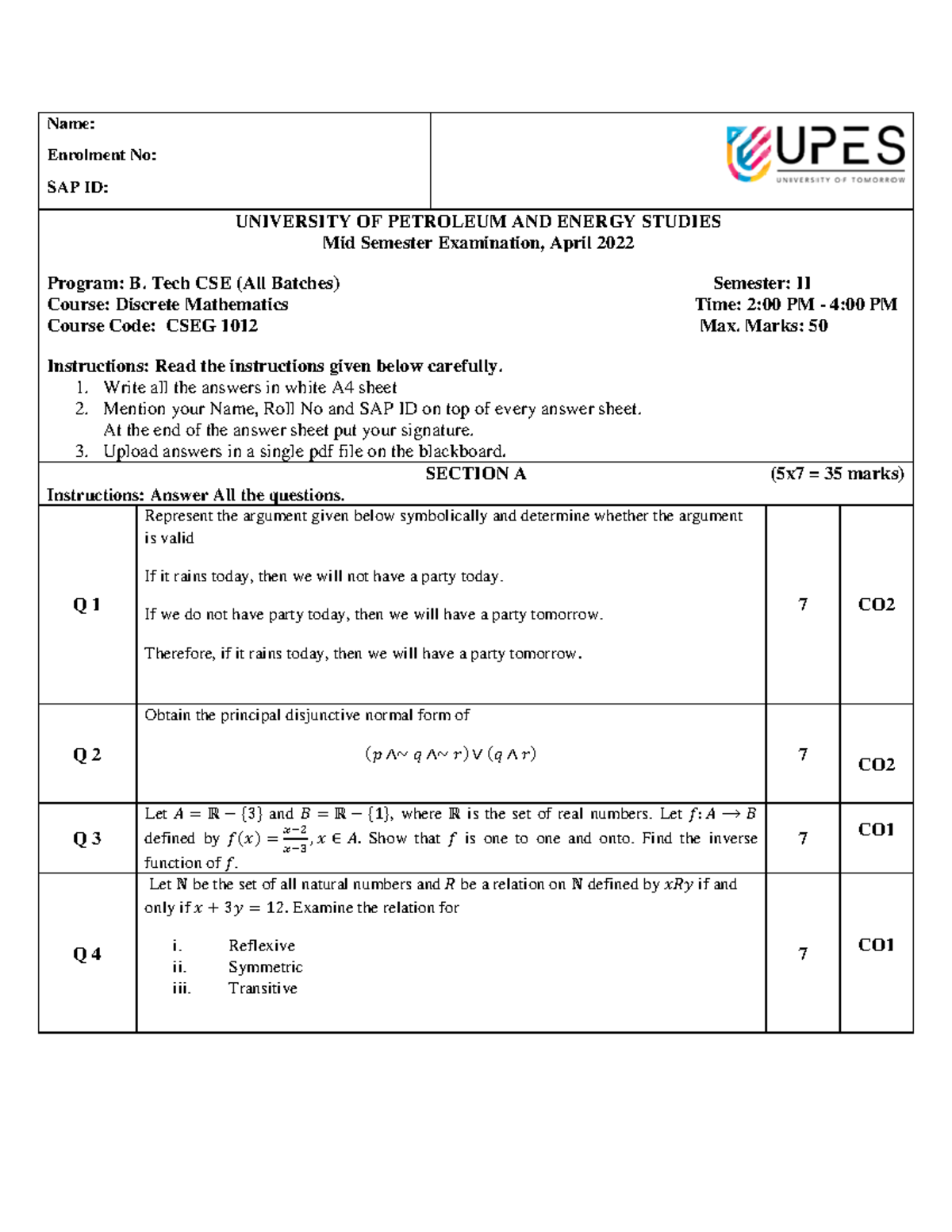 Mid-Sem-2022-Discrete Mathematics SOCS - Name: Enrolment No: SAP ID ...