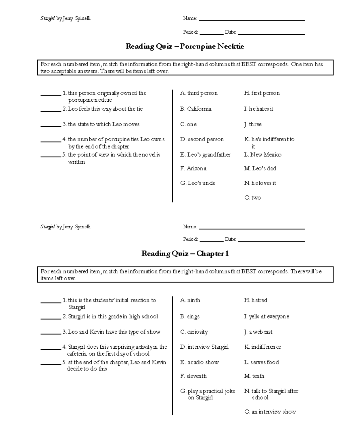 Stargirl Quiz Chapters 1-6 - Period: Date: Reading Quiz – Porcupine ...