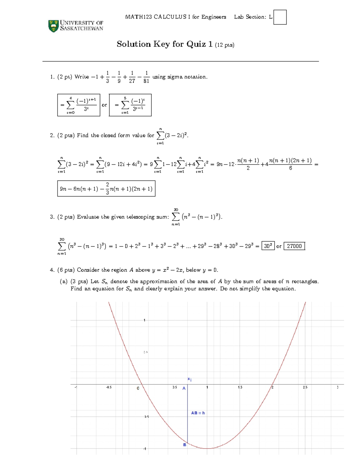 Exam 2016, Questions And Answers - Quiz 1-9 Solutions - MATH123 CALCULUS I for Engineers Lab ...