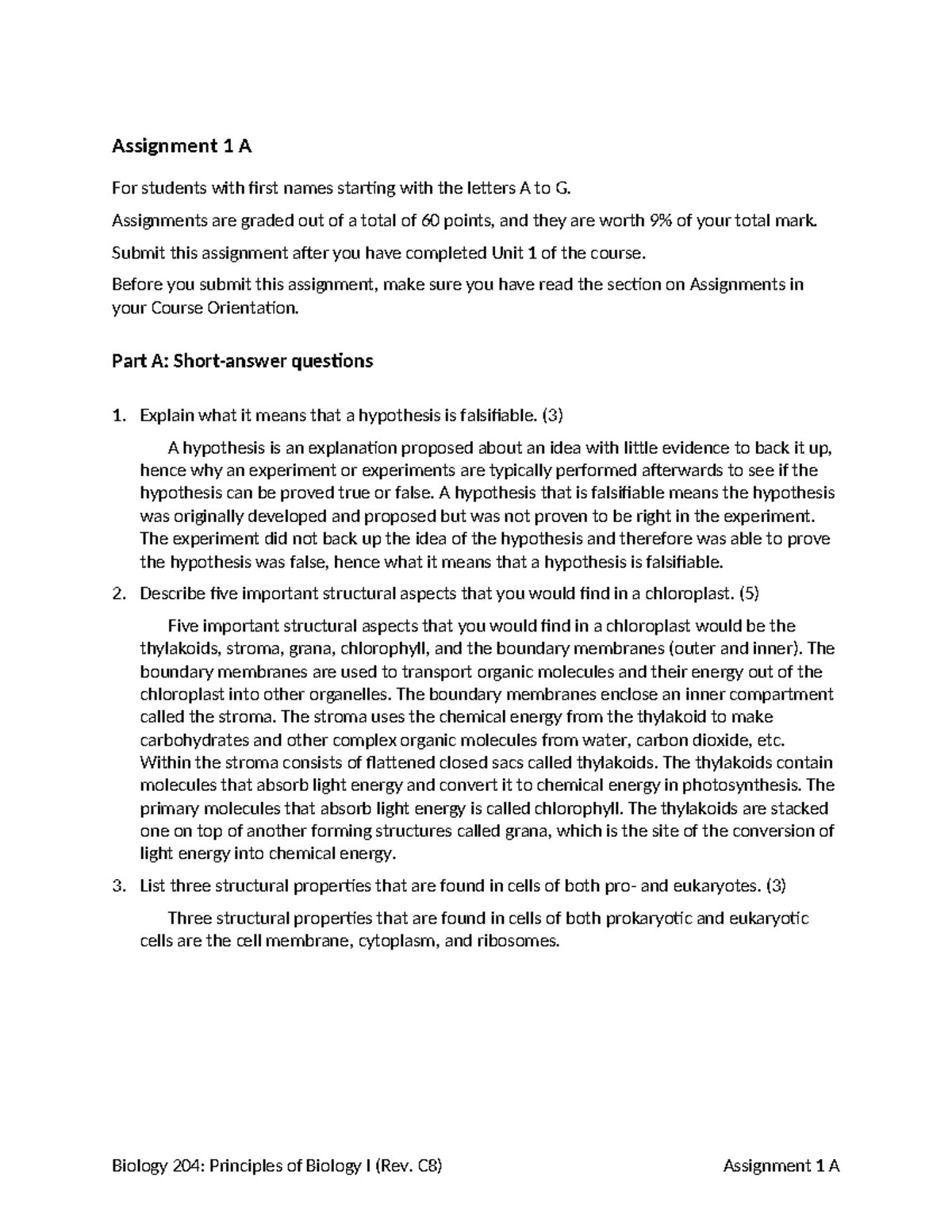 BIOL204 Assignment 1 Assignment 1A (A G) - Assignment 1 A For students with first names starting ...