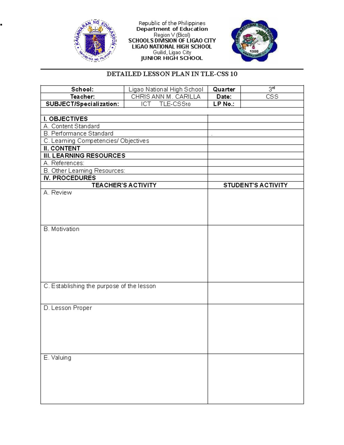 LP Format - educational only - Republic of the Philippines Department ...