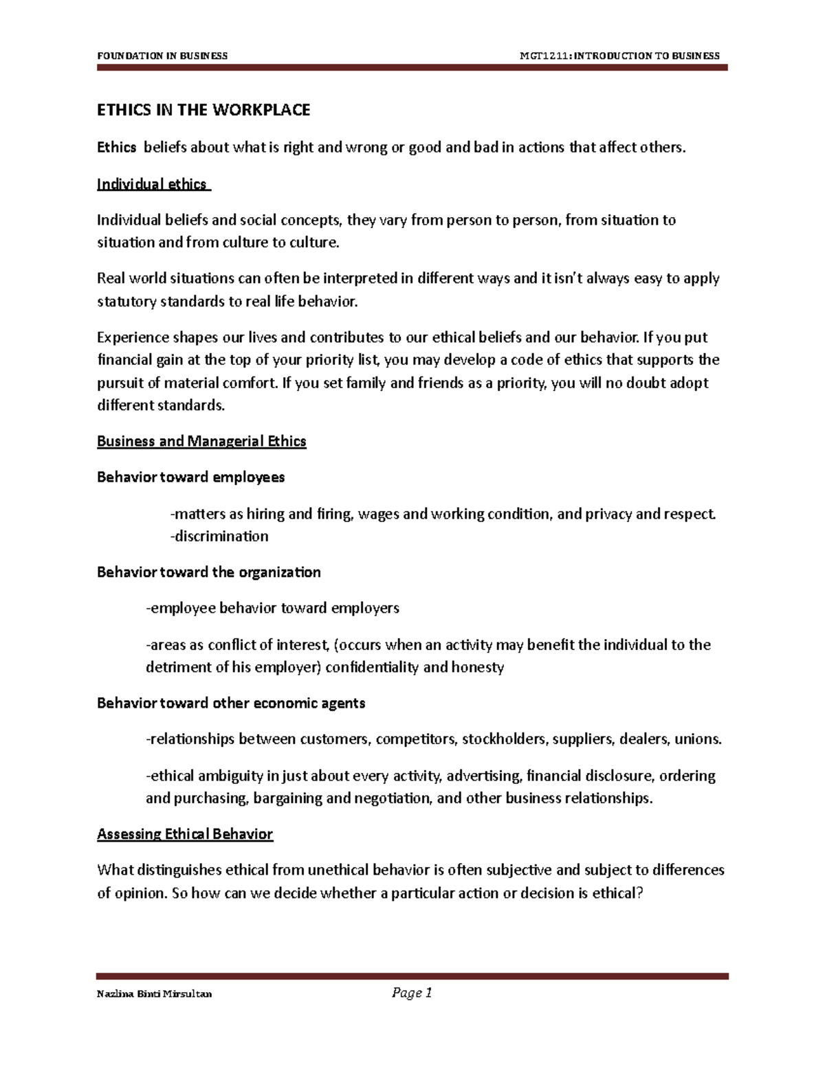 C4 Ethics in the workplace - FOUNDATION IN BUSINESS MGT1211 ...