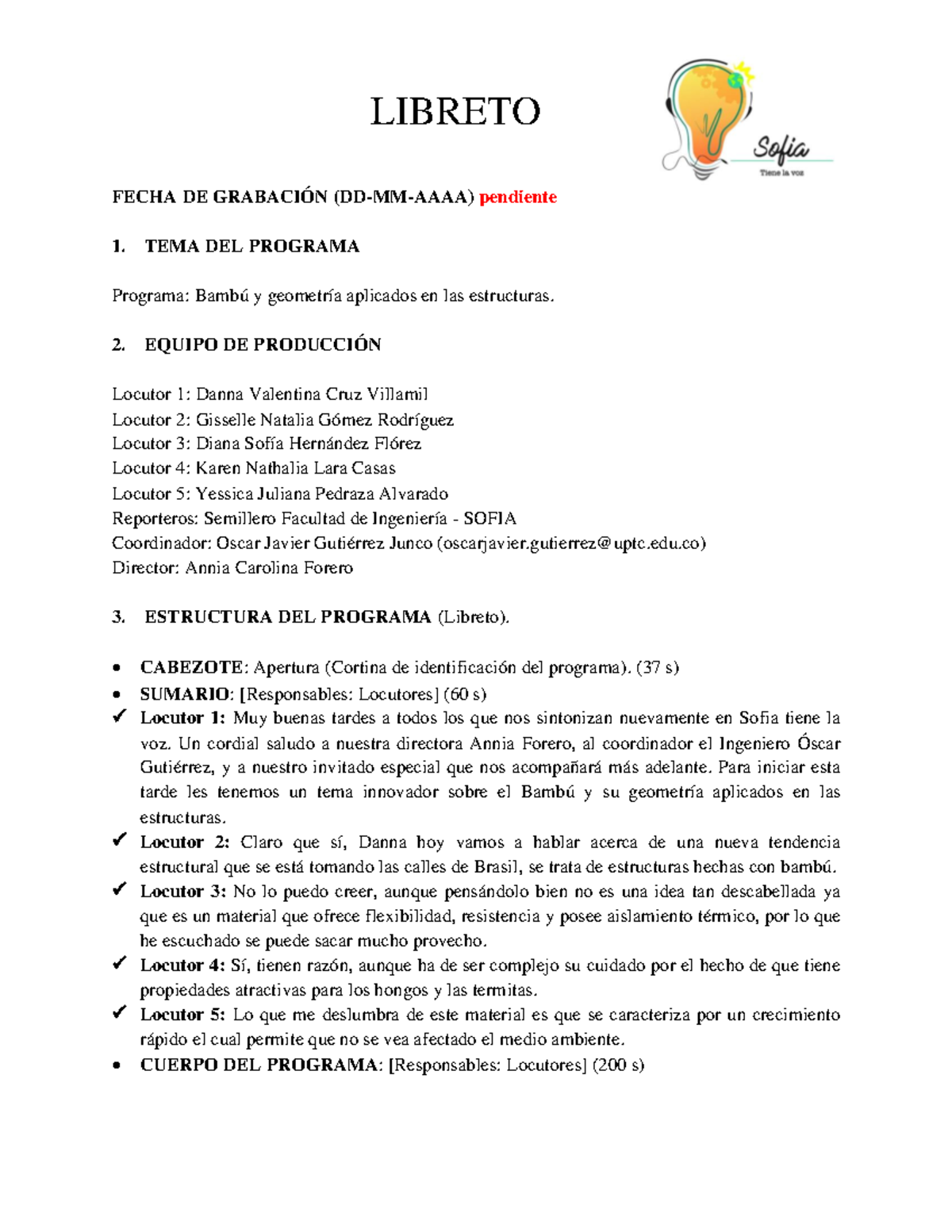 Ejemplo 2 de Libreto para programa de radio - FECHA DE GRABACIÓN (DD-MM ...