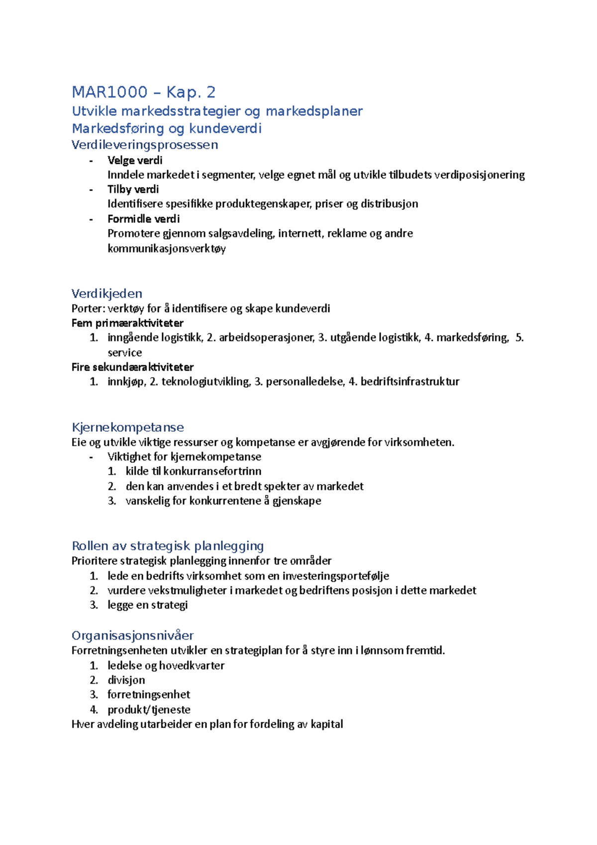 MAR1000 - Kap. 2 Utvikle markedsstrategier og markedsplaner - MAR1000 – Kap. 2 Utvikle - Studocu
