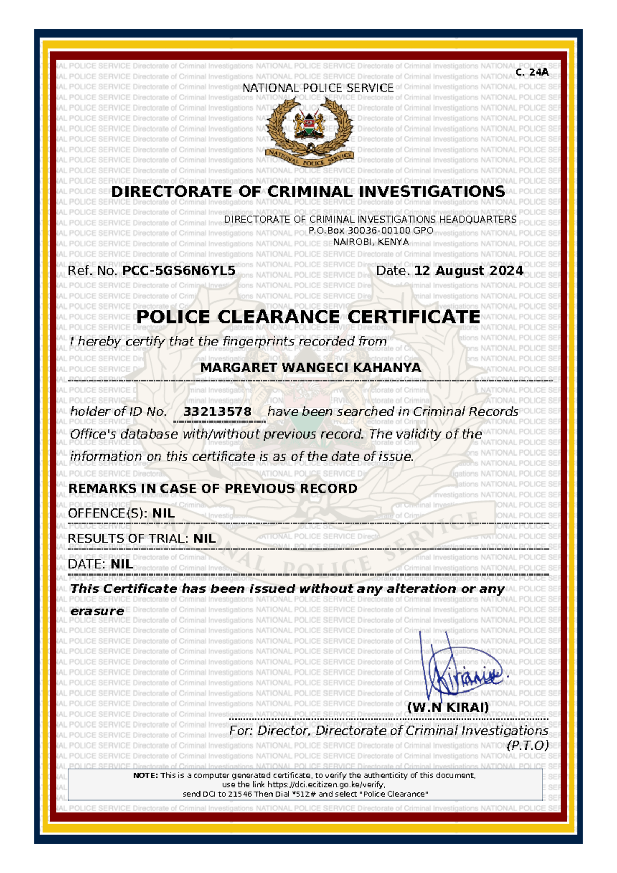 PCC-5GS6N6YL5- Police Clearance Certificate WK - C. 24A NATIONAL POLICE ...