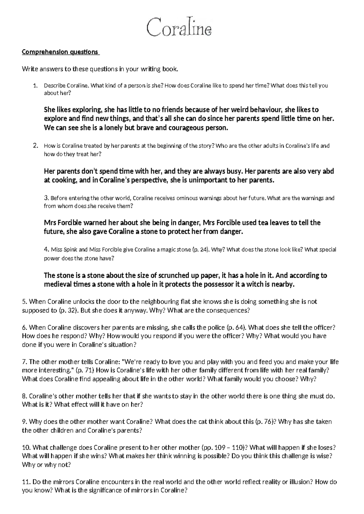 Year 7 - Coraline - Comprehension Questions - Comprehension questions ...