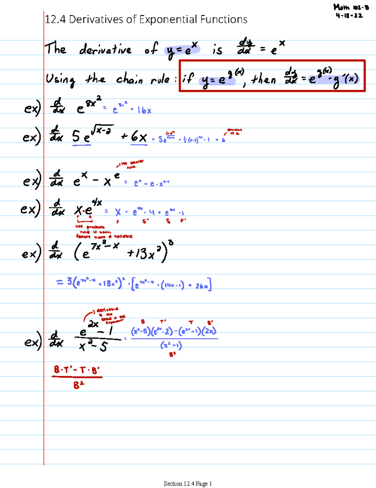 Math 101-b 4-18-22 notes - 12 Derivatives of Exponential Functions ...