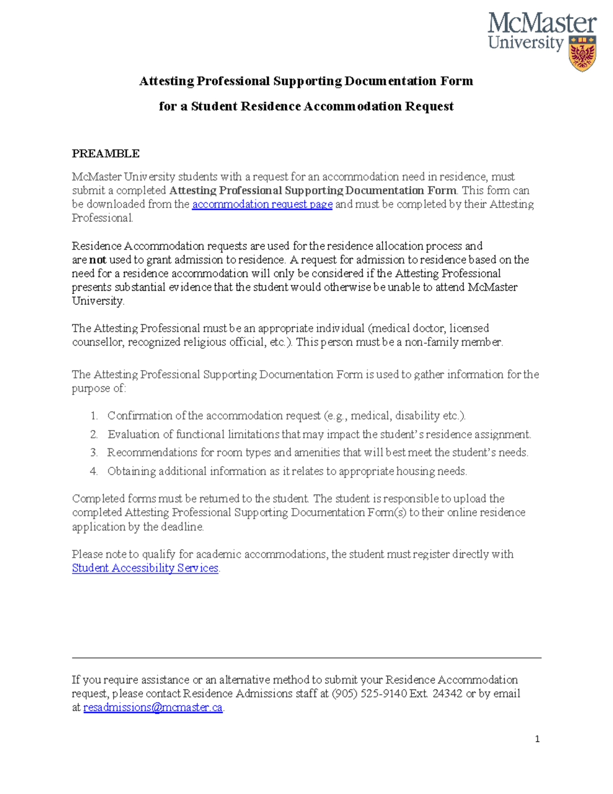 Residence Accommodation Attesting Professional Supporting Documentation ...