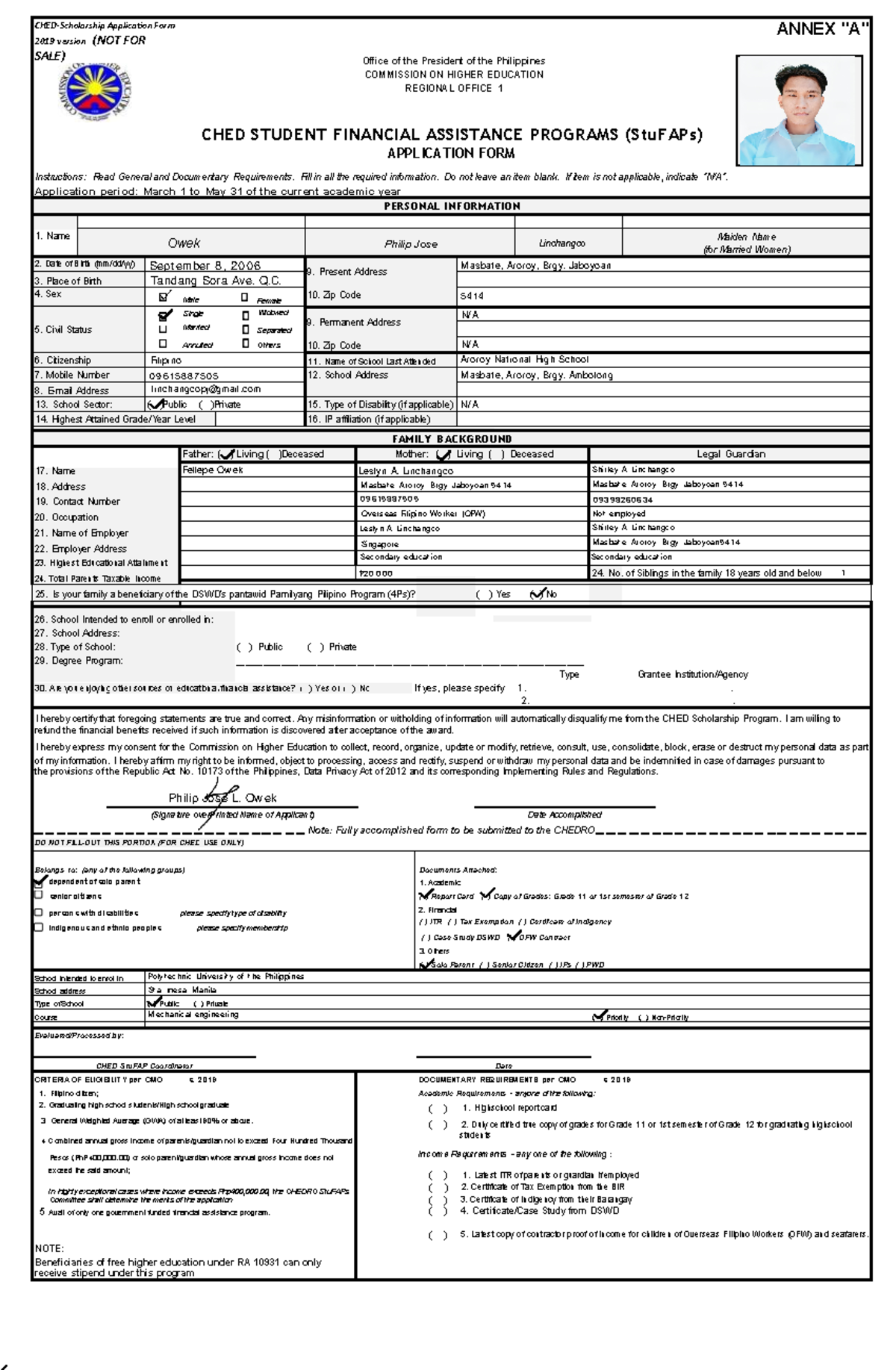 697450915-2019-Annex-a-CHED-Stu FAPs-Application-Form - CHED-Scholarship Application Form 2019 ...