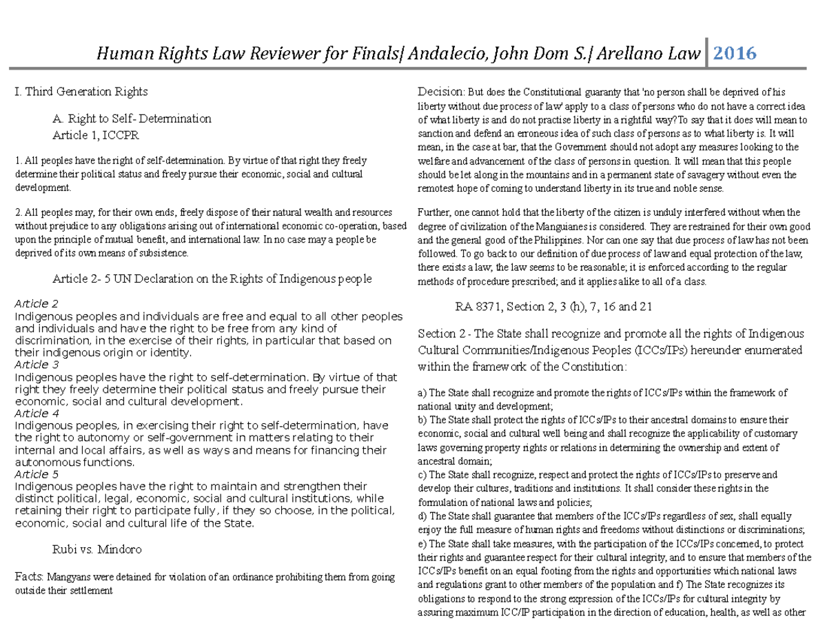 Reviewer finals human rights - I. Third Generation Rights A. Right to ...