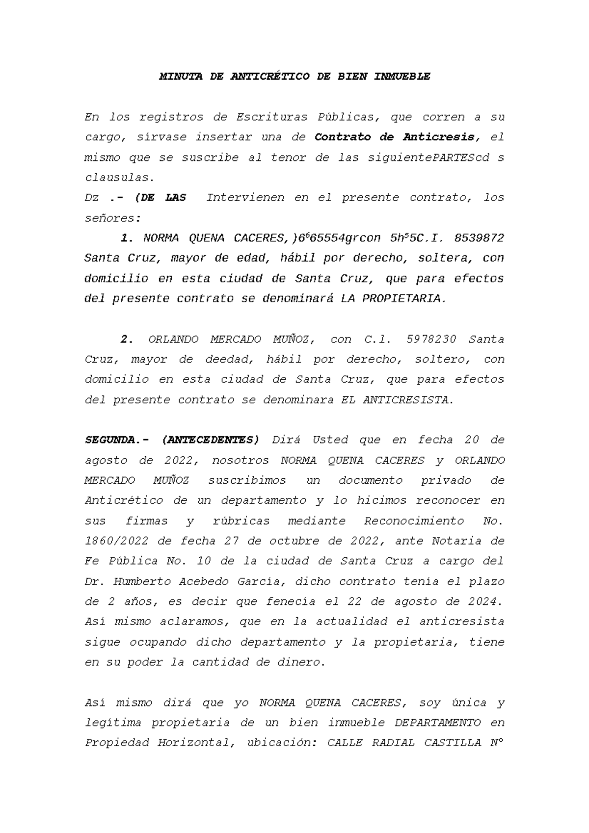 Modelo contrato de anticretico bolivia - MINUTA DE ANTICRÉTICO DE BIEN ...