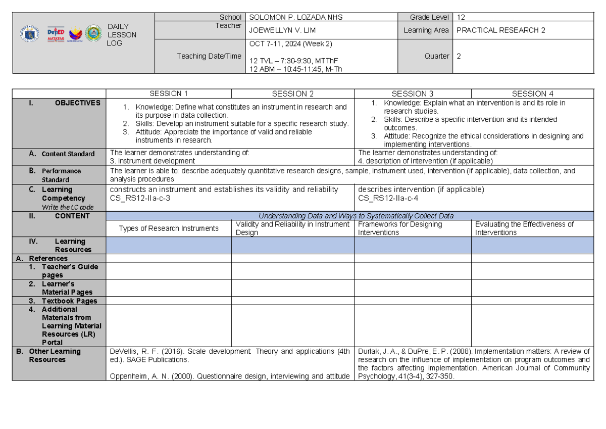 12 pr2 q2 week2 - dll - DAILY LESSON LOG School SOLOMON P. LOZADA NHS ...