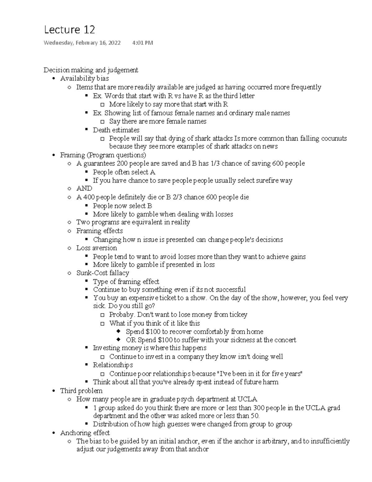 Psych 10 lesson 12 notes - Decision making and judgement Availability ...