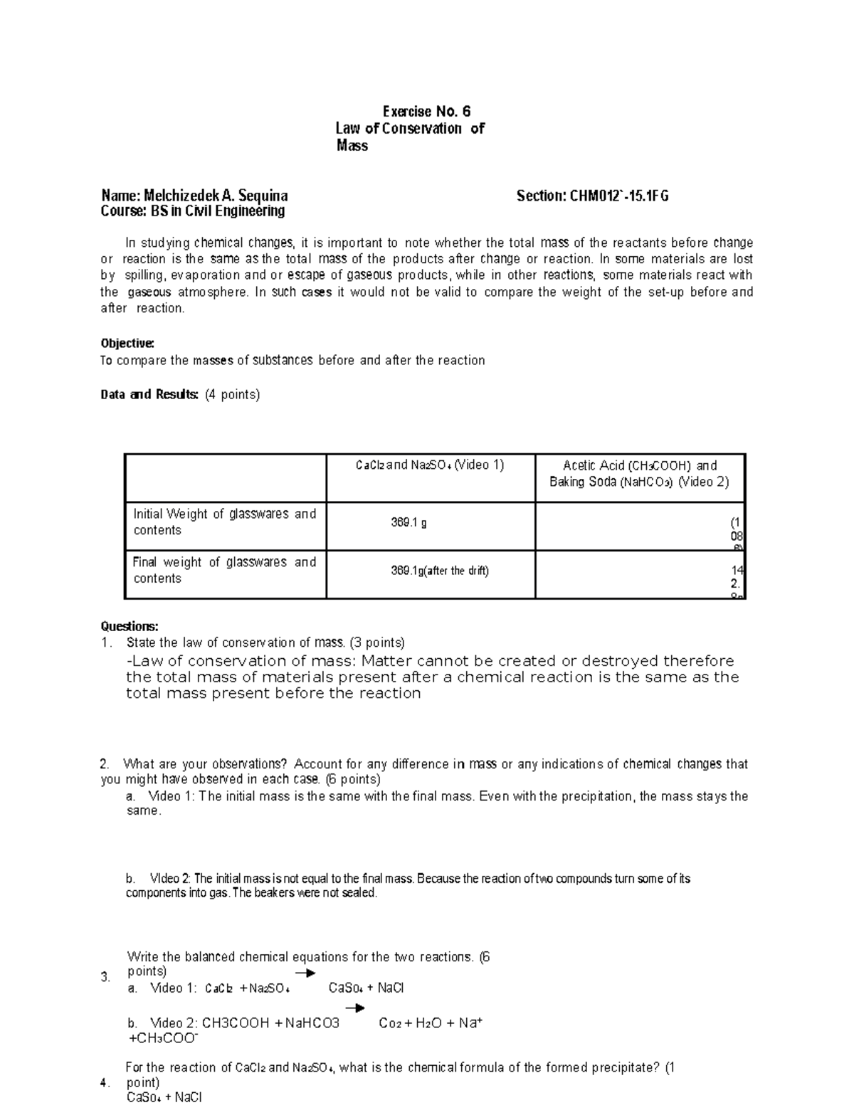 Chem 12 Exercise No 6 Law of Conservation of mass - Exercise No. 6 Law ...