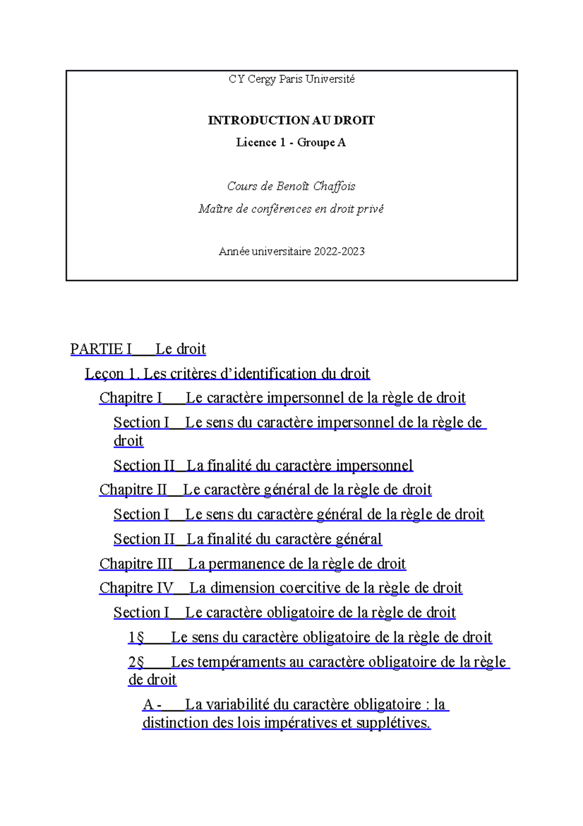 CM PLAN Introduction AU Droit 2022 2023 - CY Cergy Paris Université INTRODUCTION AU DROIT ...
