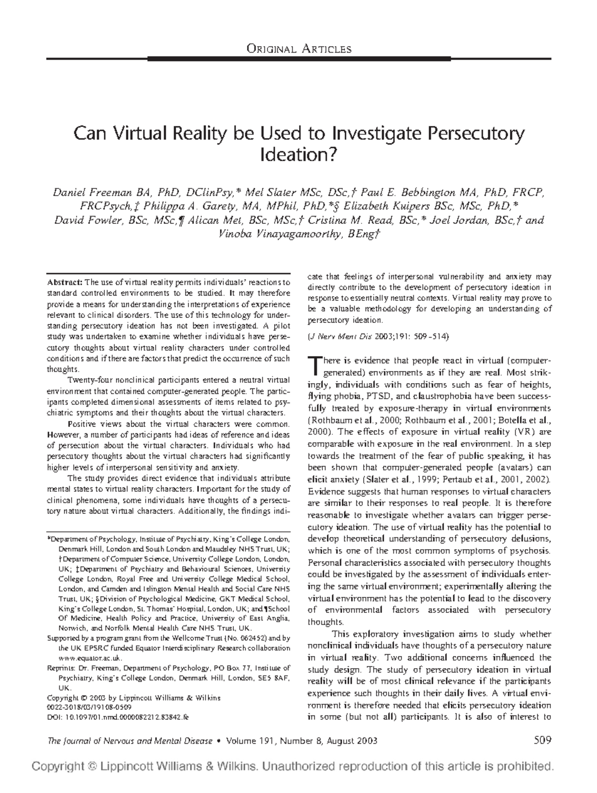 Can virtual reality be used to investigate persecutory ideation - O ...