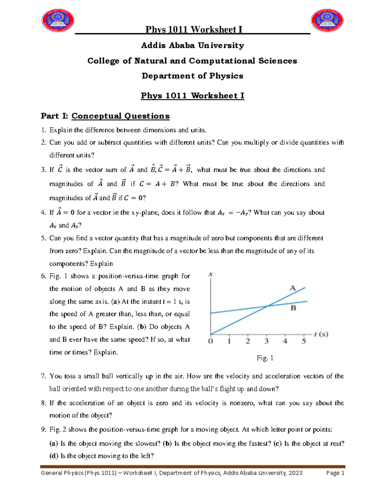 General Physics (Phys 1011) Worksheet-I - Addis Ababa University ...
