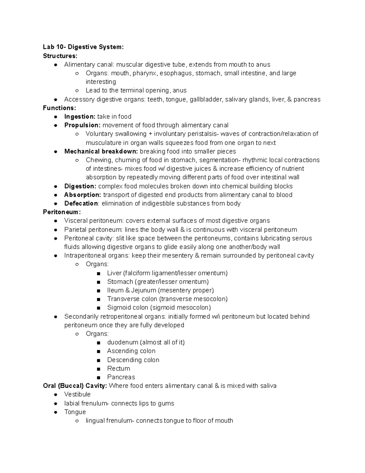 UNL BIOS 214 LAB-Lab 10- Digestive System - Lab 10- Digestive System: Structures: Alimentary ...
