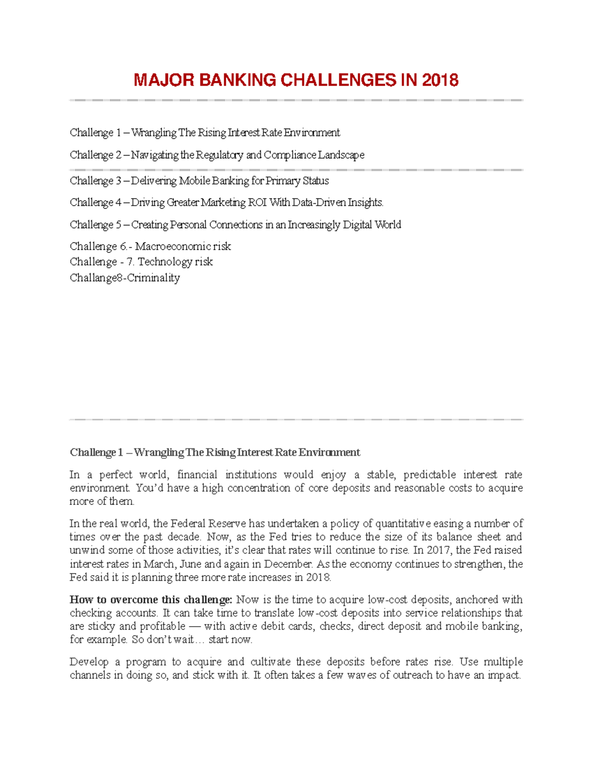 157485 Banking Challenges - MAJOR BANKING CHALLENGES IN 2018 Challenge ...