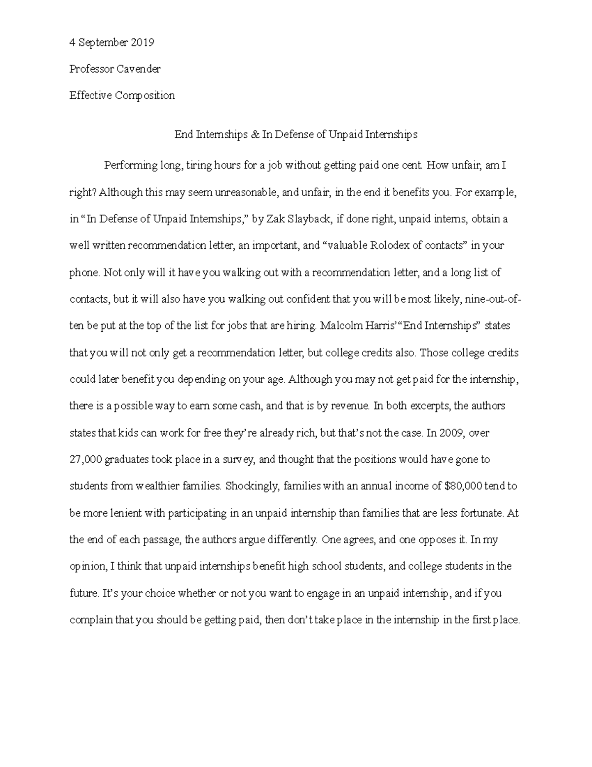 EC HW #2 - Dr. Cavender - 4 September 2019 Professor Cavender Effective ...