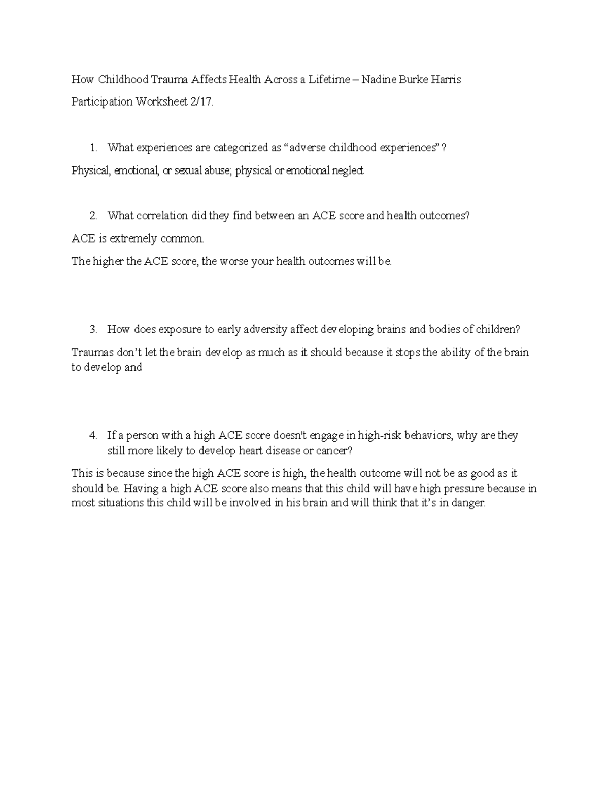 Partici Nadine Burke Harris worksheet - How Childhood Trauma Affects ...