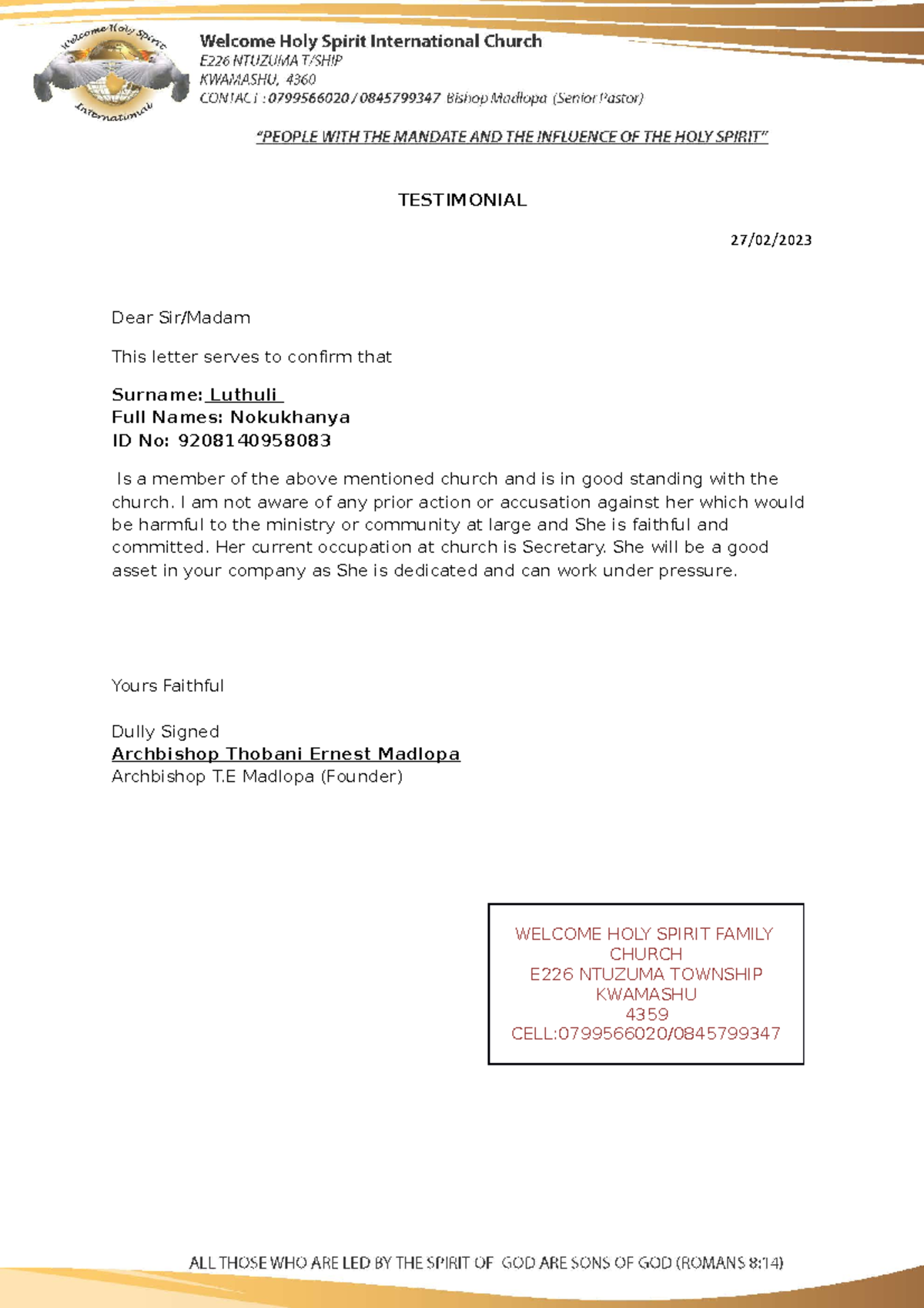 Testimonial letter[whfc] - TESTIMONIAL 27/02/ Dear Sir/Madam This ...