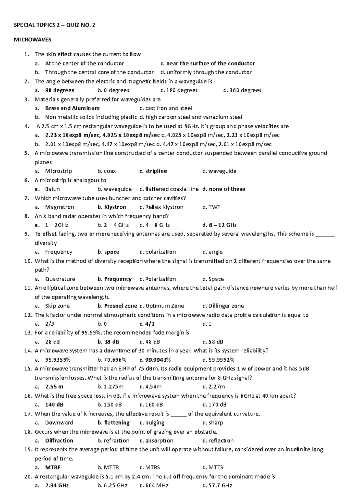 Special Topics 2 QUIZ NO. 2 microwaves - SPECIAL TOPICS 2 – QUIZ NO. 2 ...