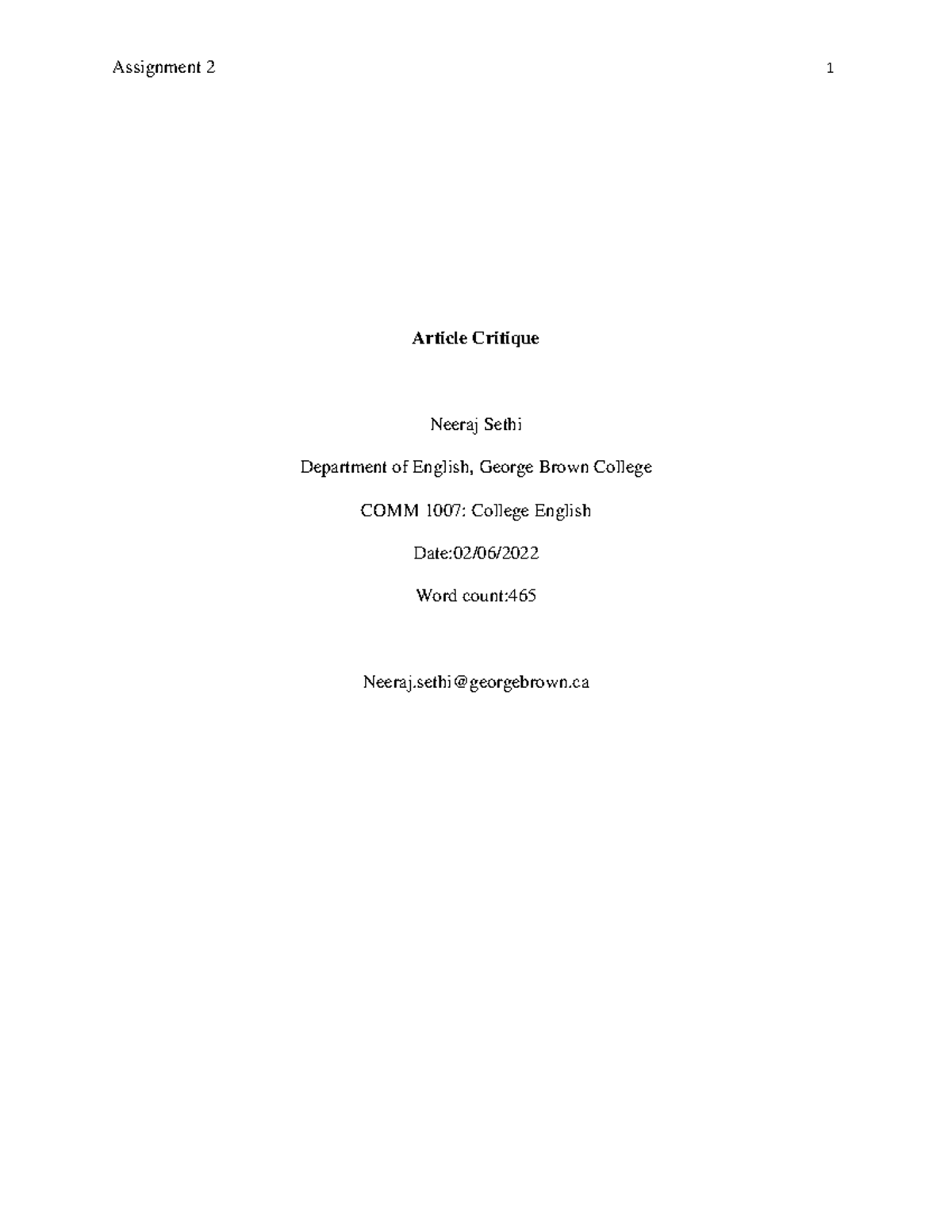 Article Critique - assignment - Article Critique Neeraj Sethi ...