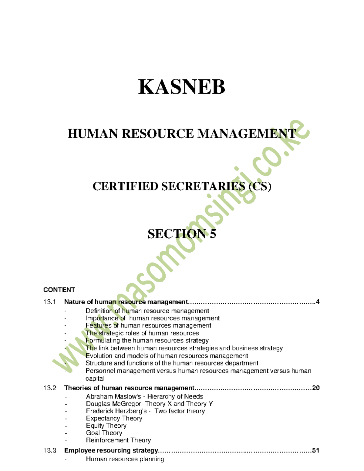 HRM- Notes - KASNEB HUMAN RESOURCE MANAGEMENT CERTIFIED SECRETARIES (CS ...