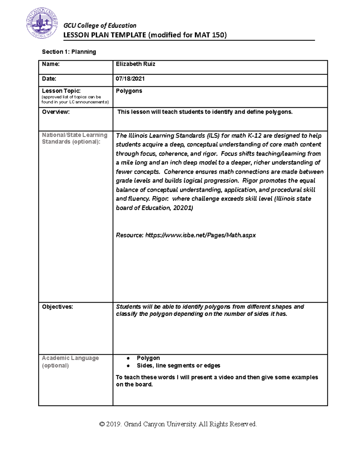 Elizabeth R Final Project Lesson - GCU College of Education LESSON PLAN ...